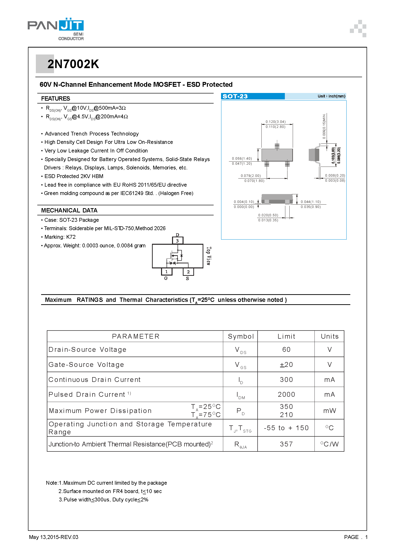 MOSFET 2N7002K SOT-23 PANJIT - 產品介紹 - UTC 代理商 友順科技--汎翊國際有限公司 FLYiNG INTERNATIONAL